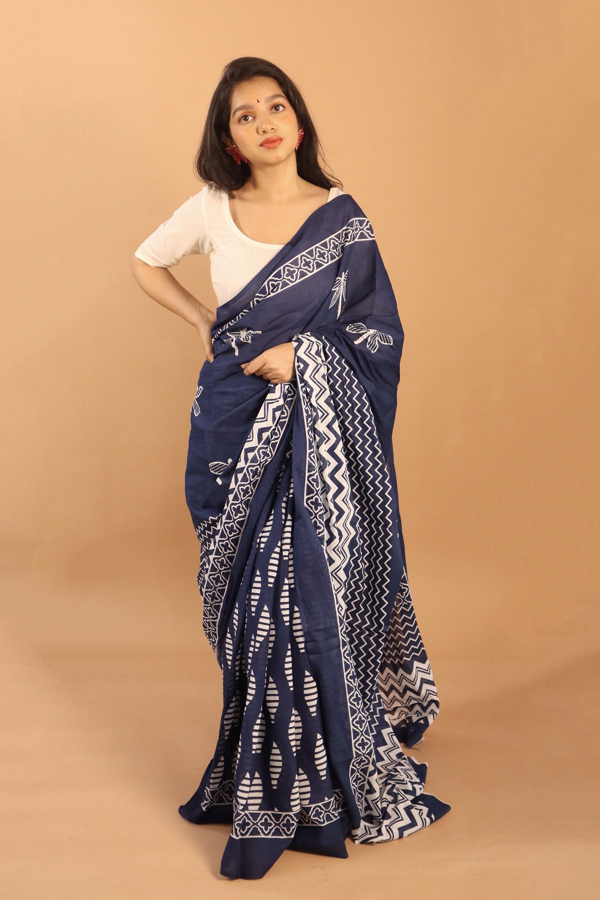Block Printed Indigo Cotton Saree– Kosataga