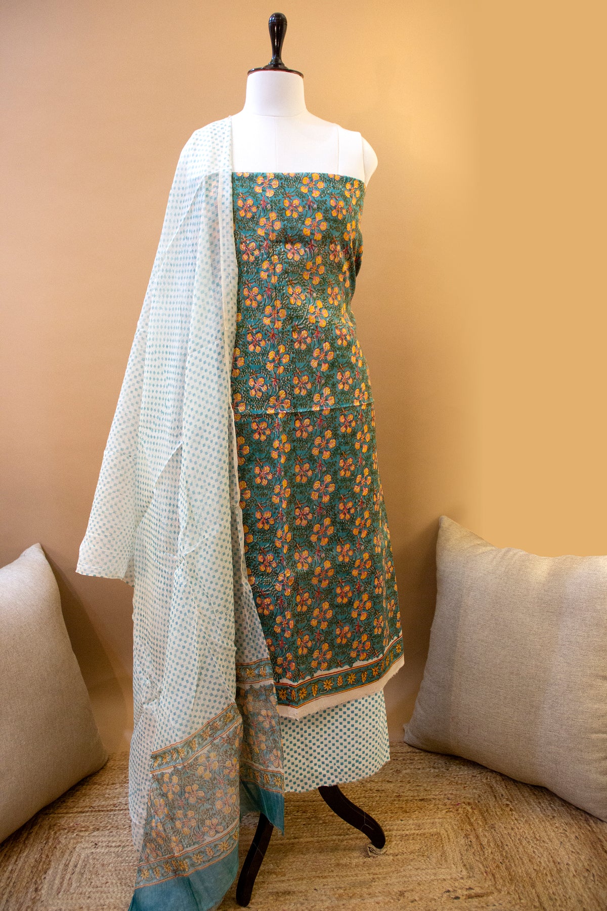 Block Printed Green Chanderi Suit Piece– Kosataga